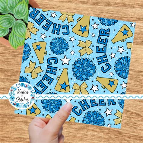 Cheer Team Digital Paper Seamless Patterns Cheerleader Bows Pom Poms Blue Gold