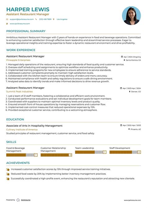 10 Assistant Restaurant Manager Resume Samples And Templates For 2026