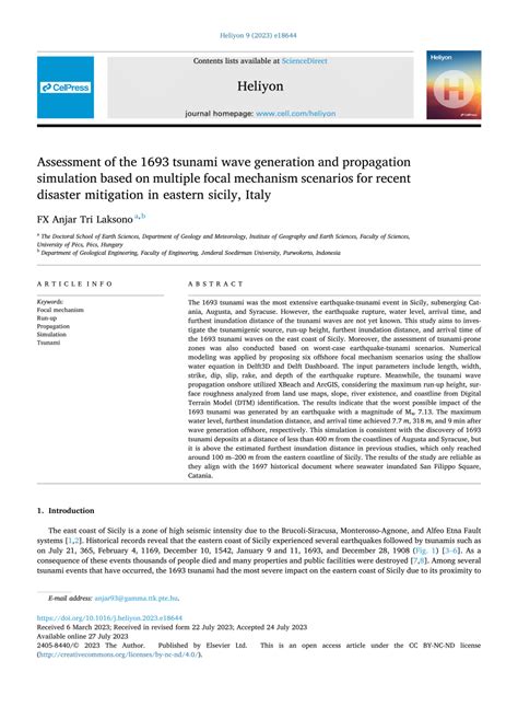 Pdf Assessment Of The 1693 Tsunami Wave Generation And Propagation Simulation Based On