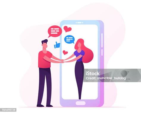 웹 데이트 인간 관계 개념 인터넷에서 만나는 젊은 이들이 남자 들고 여자 손 나가는 거대한 스마트 폰 화면 문자 통신 우정 만화