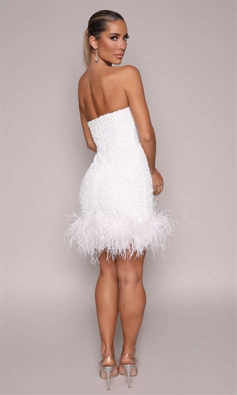 Ziva Strapless Sequin Mini Dress W Feather Trim White White Sparkly