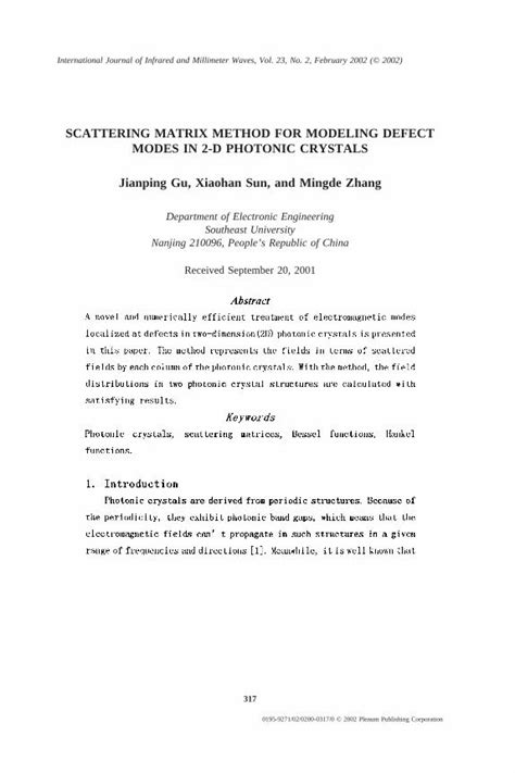 Pdf Scattering Matrix Method For Modeling Defect Modes In 2 D