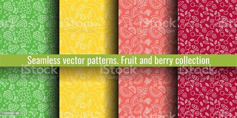원활한 패턴 집합입니다 달콤한 과일과 베리 컬렉션입니다 손으로 그린 색 벡터 스케치 배경입니다 다채로운 낙서 배경 화면입니다 여름 인쇄 개체 그룹에 대한 스톡 벡터 아트 및