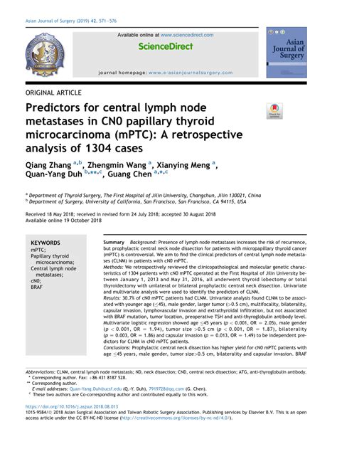 Pdf Predictors For Central Lymph Node Metastases In Cn0 Papillary Thyroid Microcarcinoma Mptc