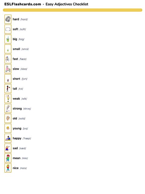 Easy Adjectives Checklist Pdf