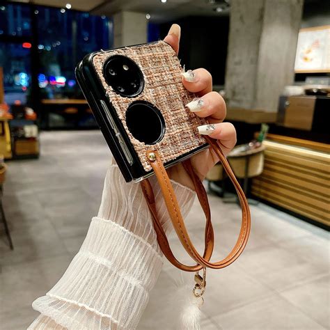 For Huawei P50 Pocket Handbag Design Plush Ball Plaid Fabric PC Phone Case White Alexnld Com