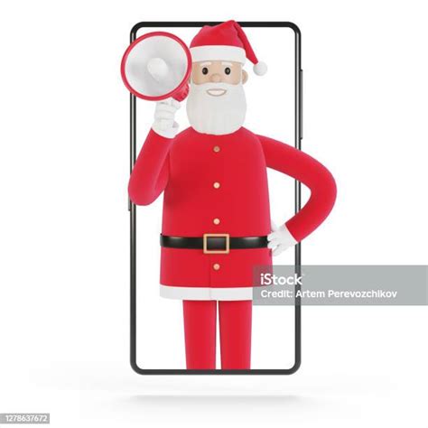 산타 클로스는 사람들에게 선물 온라인 선물을 제공합니다 산타 클로스와 스마트 폰 화면 온라인 쇼핑 배달 만화 스타일의 3d 일러스트레이션 0명에 대한 스톡 사진 및 기타