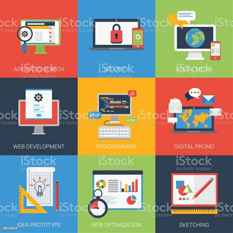 플랫 아이콘 웹 애플 리 케이 션 개발 창 인터페이스를 설정합니다 검색 결과 보안 소셜 미디어 디지털 프로 모션 프로그램