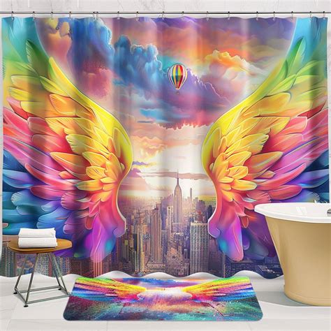 Colorful Pastel Rainbow Winged Angel Shower Curtain Set Fantasy Art