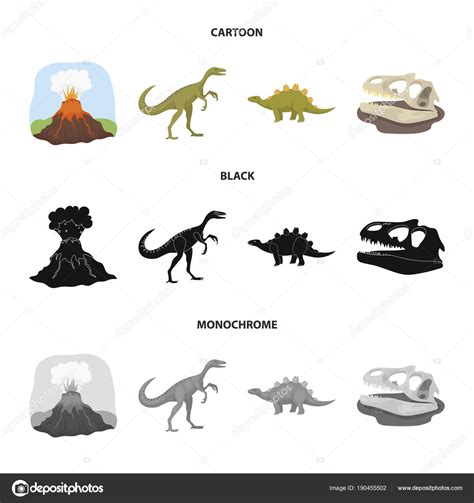 화산 폭발 Gallimimus Stegosaurus 공룡 두개골 공룡 및 선사 시대 만화 흑인 흑백 스타일 벡터 기호 재고 일러스트 웹 컬렉션 아이콘 설정 스톡