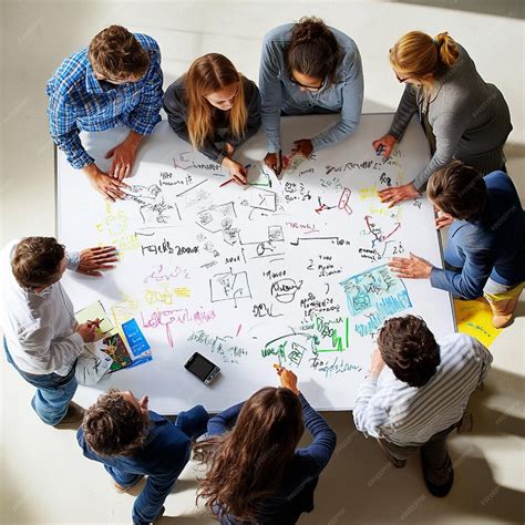 A Group Of Colleagues Brainstorming Around A Whiteboard Covered With Ideas Premium Ai