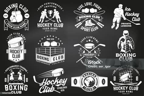 권투 클럽과 아이스 하키 클럽 배지 세트 칠판에 로고 디자인 벡터 스티커 하키 선수 스티커 퍽 헬멧 스케이트 권투 선수 장갑