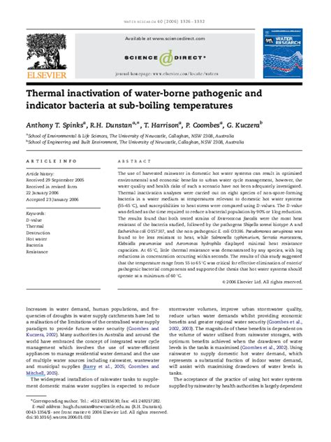 Pdf Thermal Inactivation Of Water Borne Pathogenic And Indicator Bacteria At Sub Boiling
