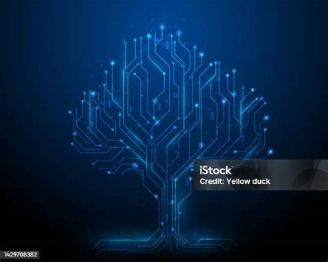 파란색 어두운 배경에 트리 데이터 기술 디지털 회로 기판 인터넷 연결 벡터 일러스트 레이 션 미래 하이테크 스타일 나무에 대한 스톡 벡터 아트 및 기타 이미지 Istock