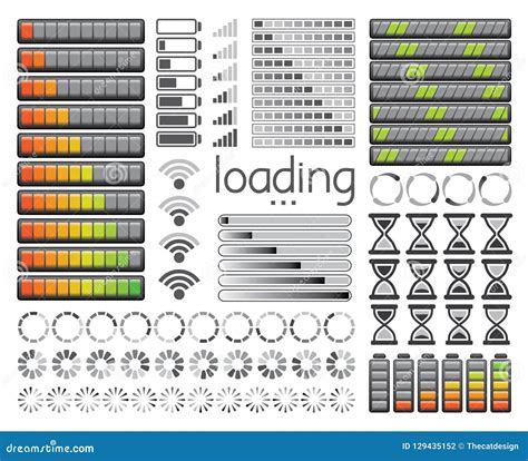 Set Of Loading Bars Battery Charge Levels And Wifi Signal Strength