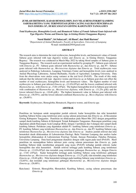 PDF JUMLAH ERITROSIT KADAR HEMOGLOBIN DAN NILAI HEMATOKRIT KAMBING SABURAI BETINA YANG