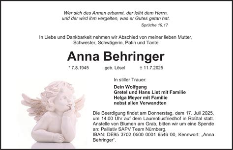 Traueranzeigen Von Anna Behringer Trauernnde
