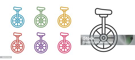흰색 배경에 분리된 라인 외발 자전거 또는 한 바퀴 자전거 아이콘을 설정합니다 모노휠 자전거 아이콘을 화려하게 설정합니다 벡터