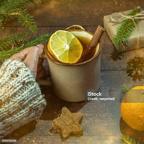 전나무 가지와 크리스마스 장식나무 배경에 향신료와 크리스마스 뜨거운 음료 한 잔을 들고 여자 새해 음료 전통 핫 드링크 개념에 대한 스톡 사진 및 기타 이미지 Istock