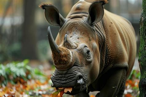 Photo Of A Black Rhino Eating Leaves From A Tree In Its Habitat Premium Ai Generated Image