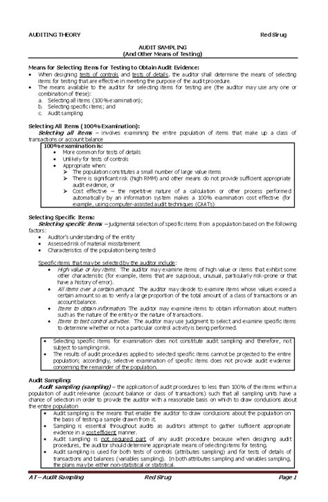 At Audit Sampling Auditing Theory Red Sir Ug Audit Sampling And Other Means Of Test Ing