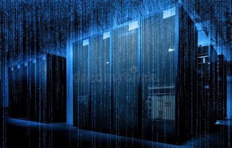 Fantastic Symmetric Data Center Room With Binary Code Penetrating