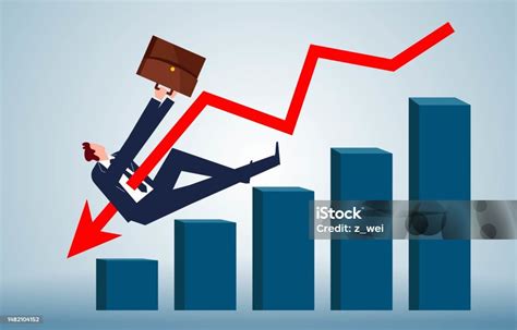 수익 또는 주식 시장 하락 마케팅 또는 투자 손실 사업 실패 경기 침체 위기 또는 붕괴 막대 차트에서 떨어지는 화살표로 뚫린 사업가 Stock Market Crash에 대한
