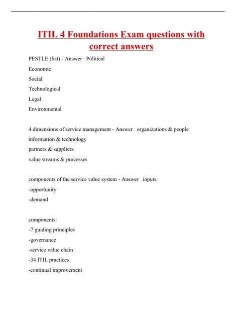 ITIL Foundations Exam Questions With Correct Answers ITIL IT Infrastructure Library