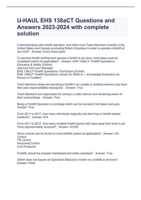 U Haul Ehs 138act Questions And Answers With Complete Solution
