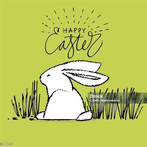 귀여운 토끼 손으로 그리는 그림 Letterings와 문구 행복 한 부활절 귀여운 토끼의 벡터 일러스트 레이 션 설정된 캐릭터 디자인 그리기 0명에 대한 스톡 벡터 아트 및
