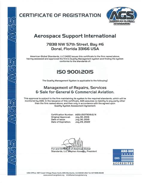 Certificate Aerospace Support Intl