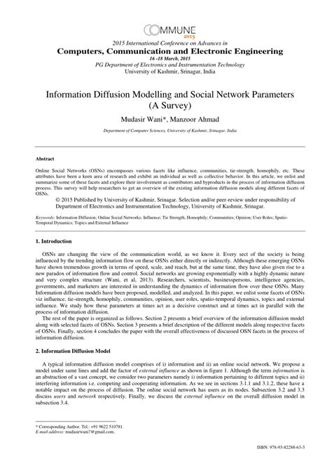 Pdf Information Diffusion Modelling And Social Network Parameters A Survey