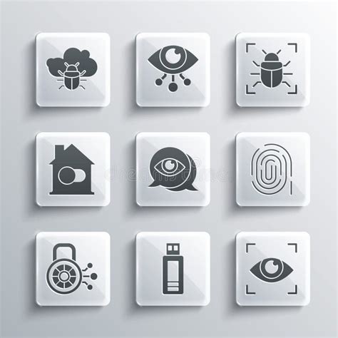 Set Usb Flash Drive Eye Scan Fingerprint Cyber Security Smart Home System Bug On Cloud And