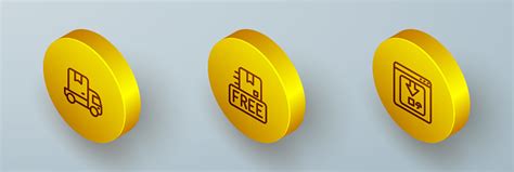 아이소 메트릭 라인 배송화물 트럭 무료 기호가있는 판지 상자 및 온라인 앱 배송 추적 아이콘을 설정합니다 벡터 3차원 형태에 대한 스톡 벡터 아트 및 기타 이미지 Istock