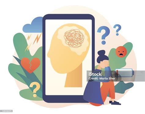 스마트폰 근처에 앉아 있는 우울한 여자 우울증 정신적 정신 건강 및 심리 치료 개념입니다 불안 스트레스 정서적 소진 기타 심리적 문제 현대 평면 만화 스타일입니다 벡터 강박