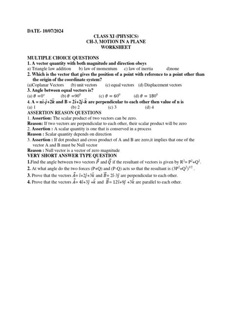 10 07 2024 Class Xi Physics Ch 3 Worksheet Pdf