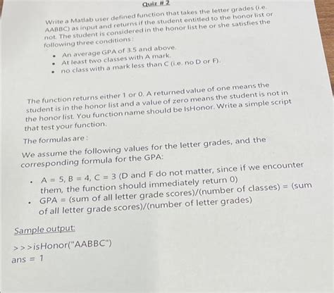 Solved Quiz 2 Write A Matlab User Defined Function That