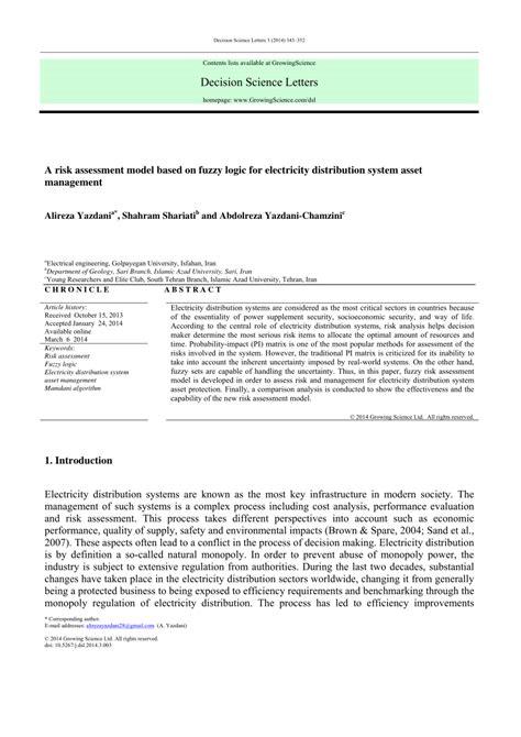 pdf a risk assessment model based on fuzzy logic for electricity