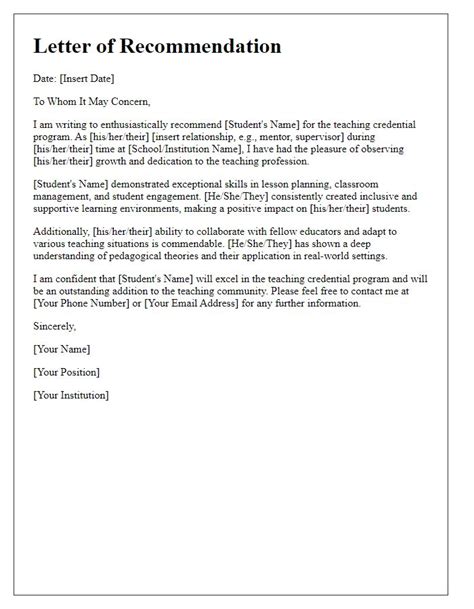 Letter Template For Student Teacher Recommendation Letter Free