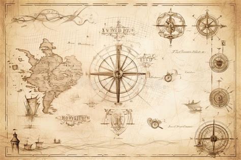 Nautcal Compass And Vintage Map Sketch Drawing Exploration Navigation And Sailing Concept