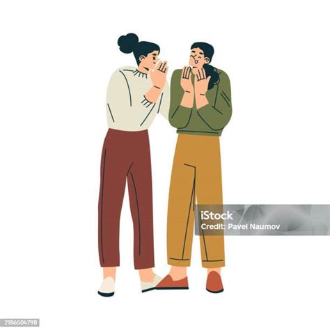 젊은 미소 여자 캐릭터 에서 서 있는 포즈 가십 와 와 몸짓 와 이야기 와 몸짓 벡터 일러스트 감정에 대한 스톡 벡터 아트 및 기타 이미지 Istock