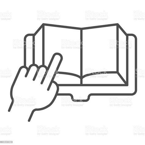 얇은 선 아이콘 교육 컨셉 흰색 배경의 책 표지판의 손가락 포인트 윤곽 스타일의 책 아이콘의 손가락 포인트가있는 오픈 북 벡터 그래픽 가리키기에 대한 스톡 벡터 아트 및