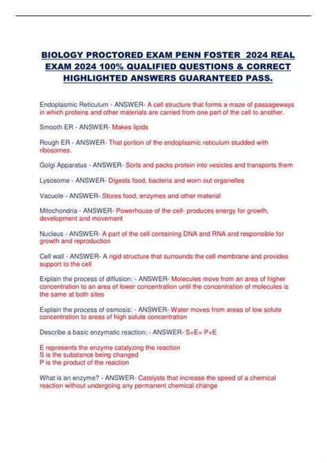 Biology Proctored Exam Guide 2024 Penn Foster Real Exam With 100 Qualified Questions And