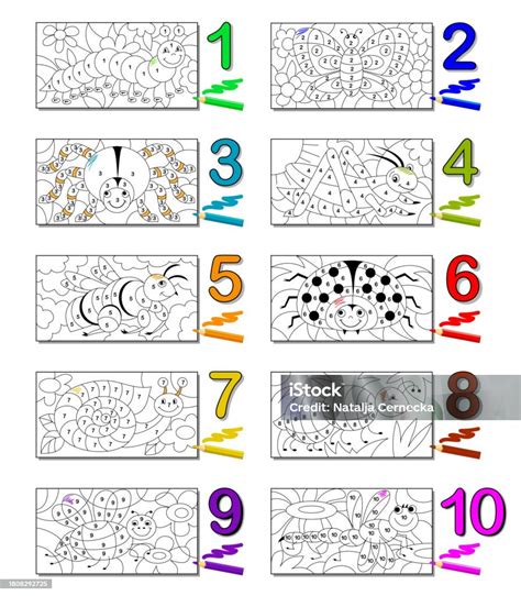 색칠하기 책에 대한 곤충 세트입니다 아이들을 위한 수학 교육 학교 교과서용 워크시트 어린이 활동 시트 온라인 플레이 숫자에 따라 그림을 그립니다 곤충에 대한 스톡 벡터 아트