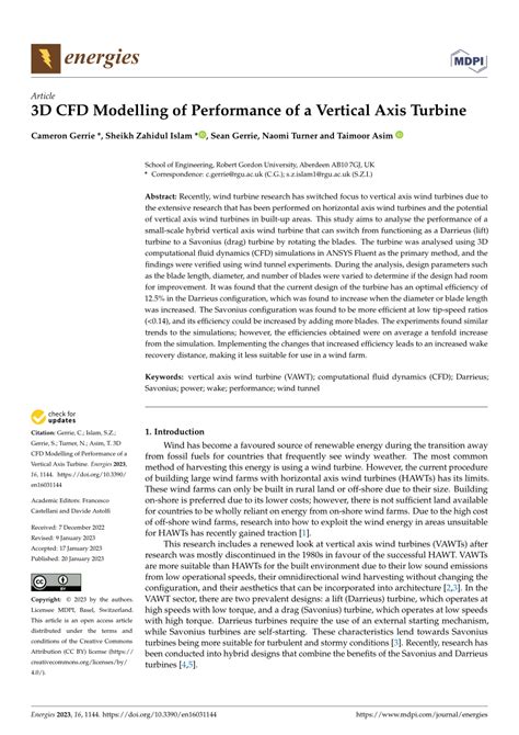 Pdf 3d Cfd Modelling Of Performance Of A Vertical Axis Turbine