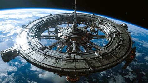 Highly Detailed Sci Fi Space Station Orbiting Earth With Large Circular
