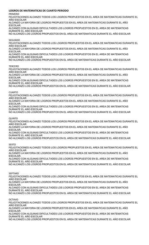 Logros Promocionales De Matematicas Doc