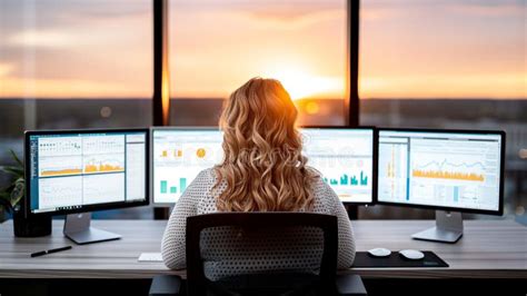 Data Analyst In Contemporary Office Reviewing Charts And Graphs At Dusk