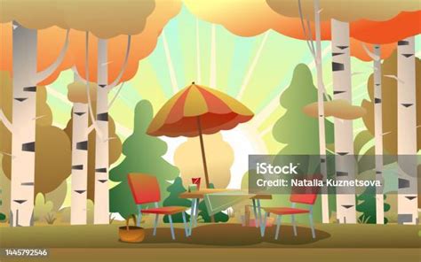 우산이 있는 피크닉 테이블 가을 자작나무 숲의 잔디밭 안락의자 2개와 음식 바구니 자연 속에서 보내는 주말 만화 재미있는 스타일 플랫 디자인 벡터 가을에 대한 스톡 벡터
