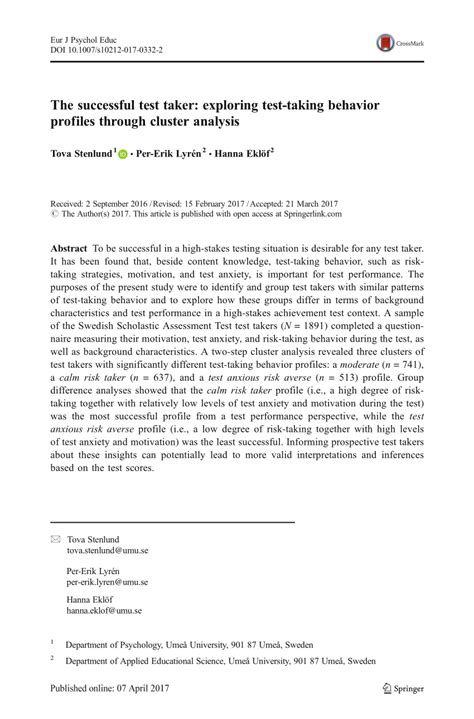 Pdf The Successful Test Taker Exploring Test Taking Behavior Profiles Through Cluster Analysis
